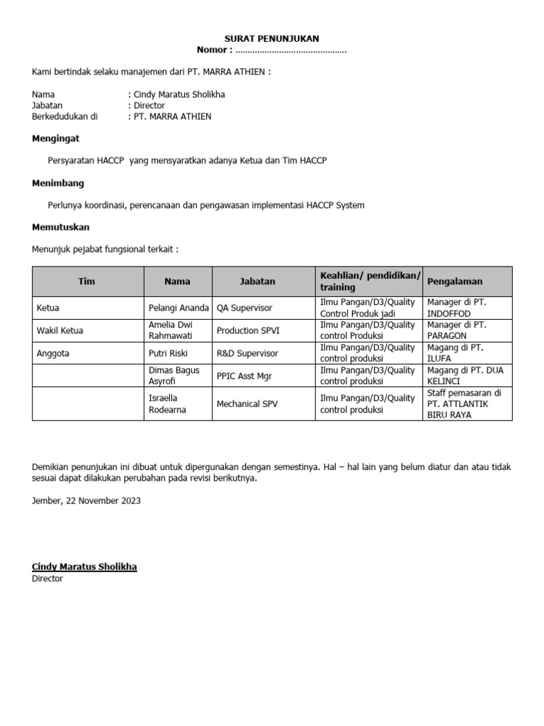 Haccp - FSTL.02 - Surat Penunjukan Tim Haccp NW | PDF