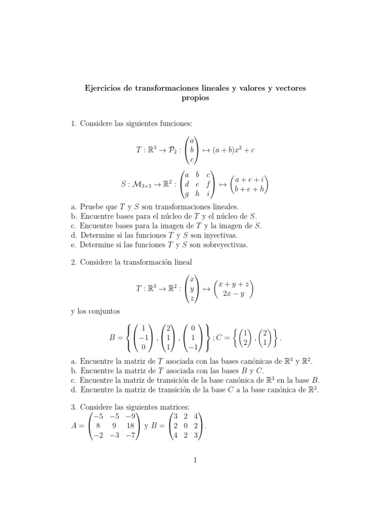 Ejercicios Transformaciones Lineales y Valores Propios | Descargar gratis PDF | Valores propios ...