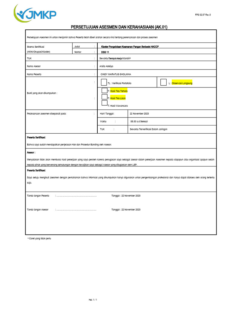 DSS 11 - FPS 02.07 Rev.0 Persetujuan Asesmen Dan Kerahasiaan (AK.01) | PDF