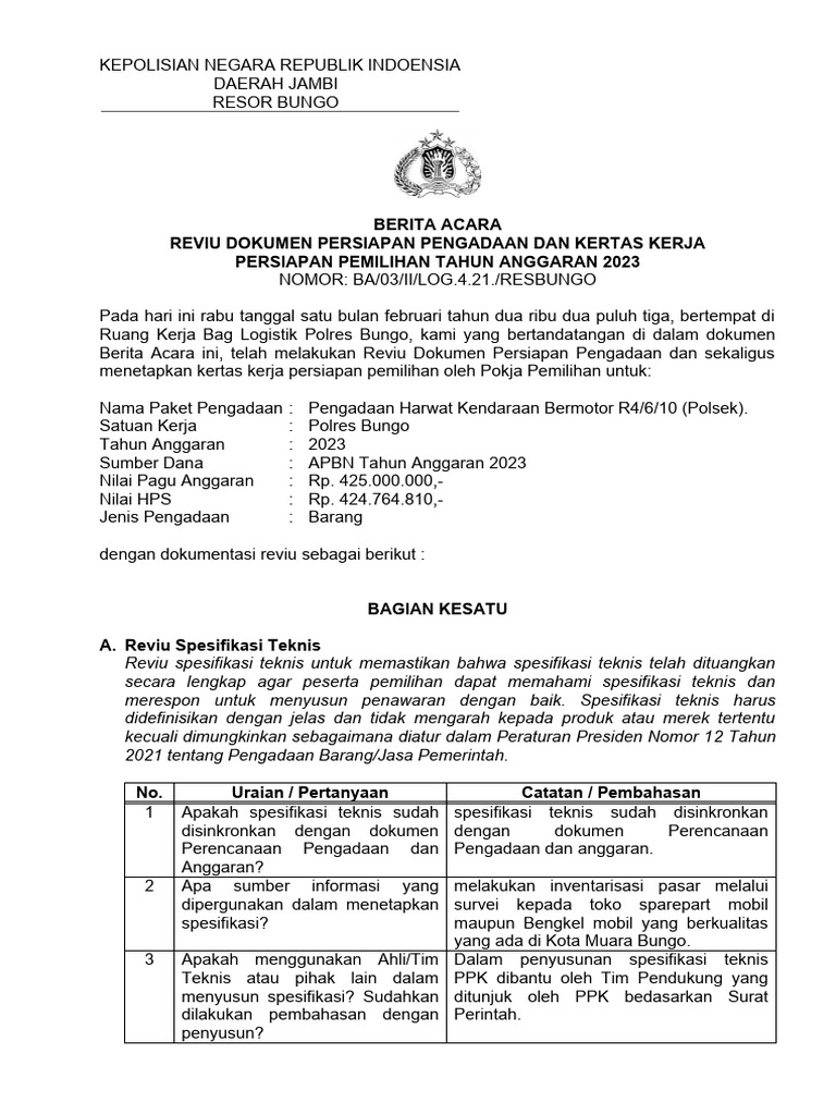 Ba Reviu Dokumen Harwat R4 Polsek | PDF | Bisnis