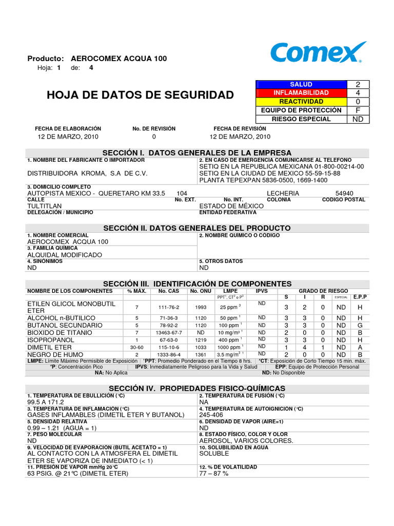 Hoja de Datos de Seguridad de Aerocomex - Acqua 100 | PDF | Química | Ciencias fisicas