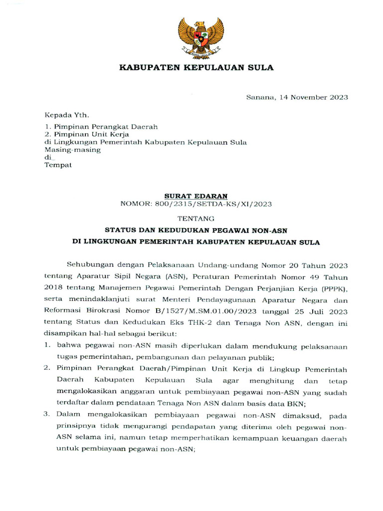 Surat Edaran Status Dan Kedudukan Pegawai NON-ASN | PDF