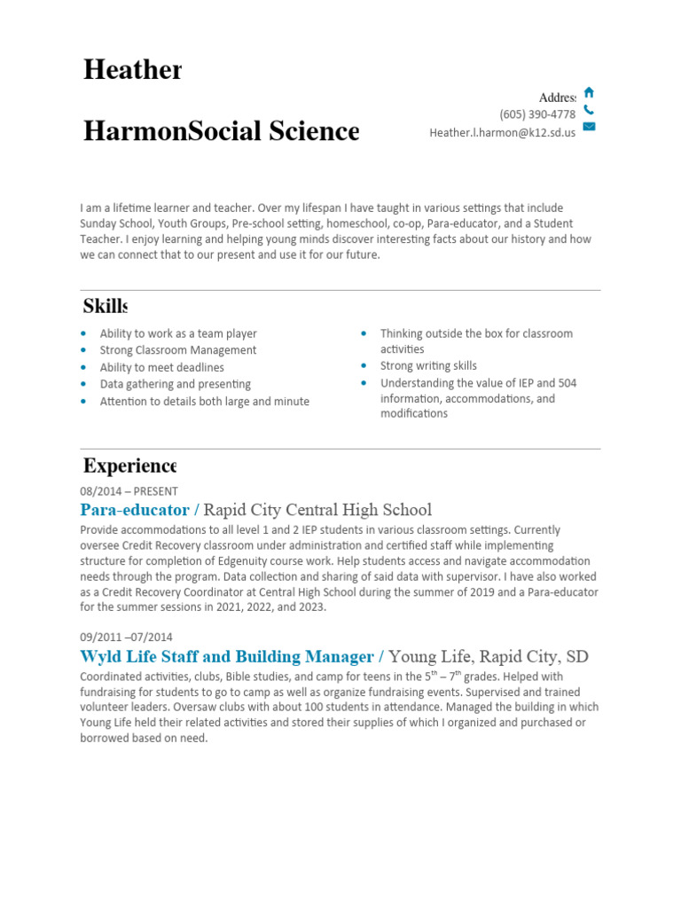 Social Science Teacher Resume | PDF | Teachers | Learning
