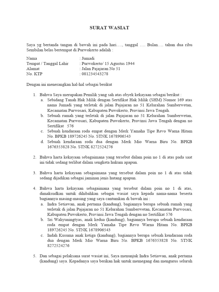 Contoh Surat Wasiat Dengan Notaris Yang | PDF