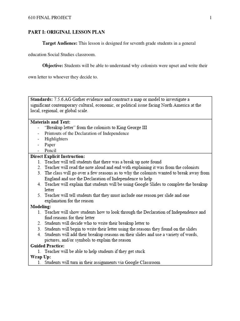 610 Final Project | PDF | Teachers | Lesson Plan