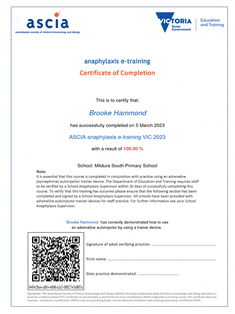 Anaphylaxis Module Certificate 2023 | PDF