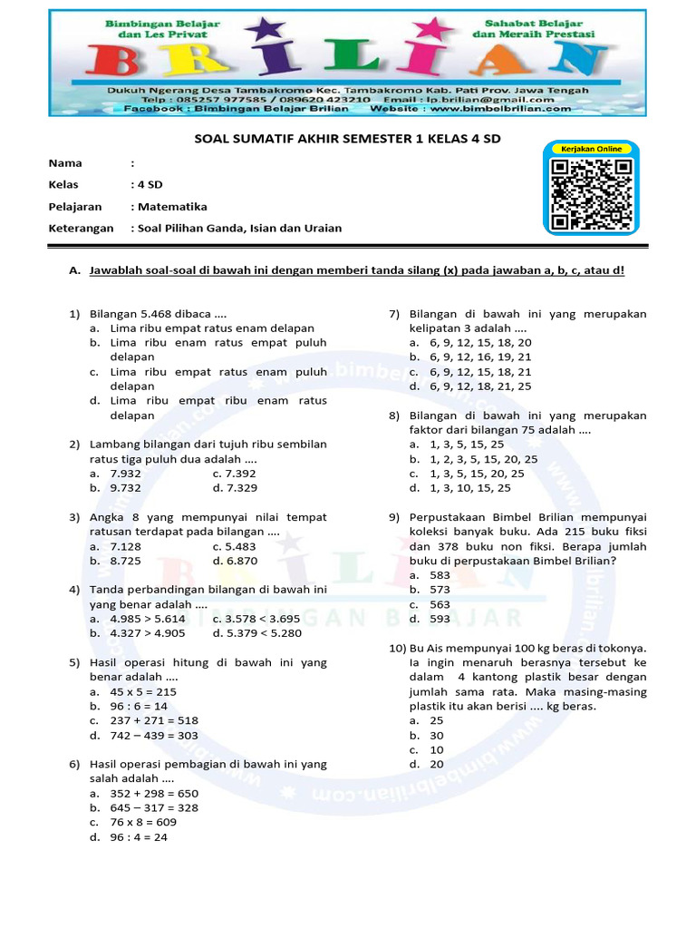 Soal SAS Matematika Kelas 4 SD Semester 1 | PDF