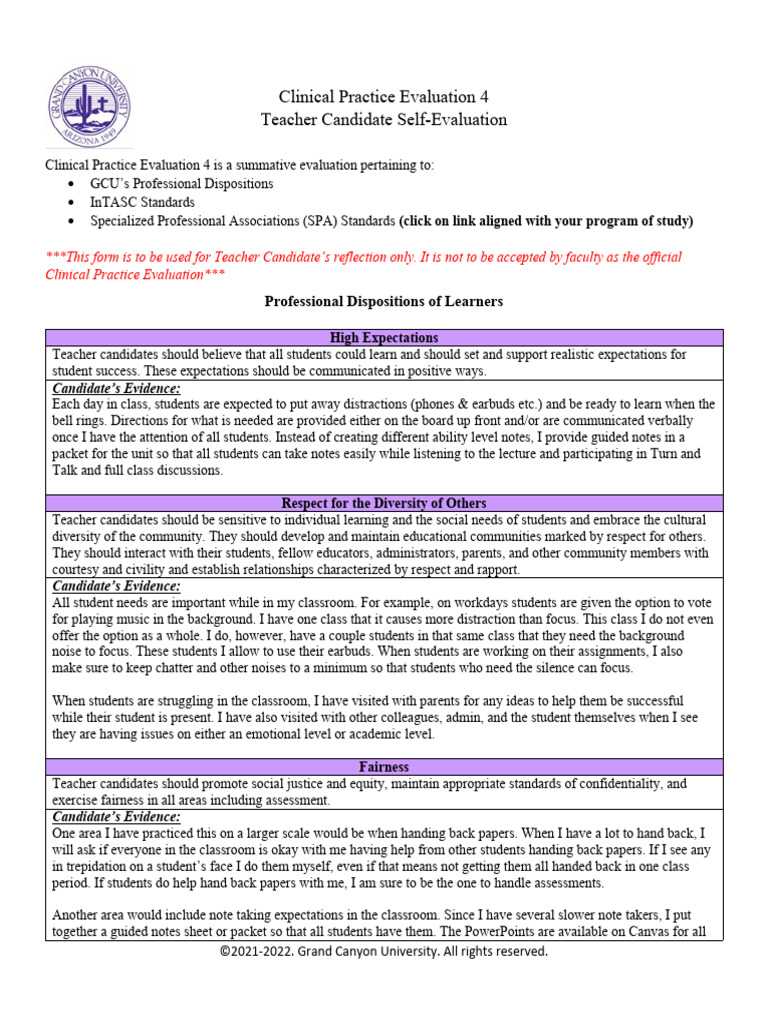 Clinical-Practice-Evaluation-4-Self-Evaluation - Harmon | Download Free PDF | Educational ...