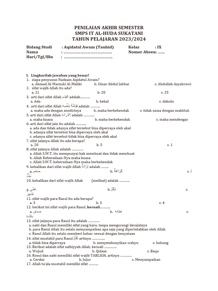 Penilaian Akhir Aqidatul Awam Kelas IX | PDF