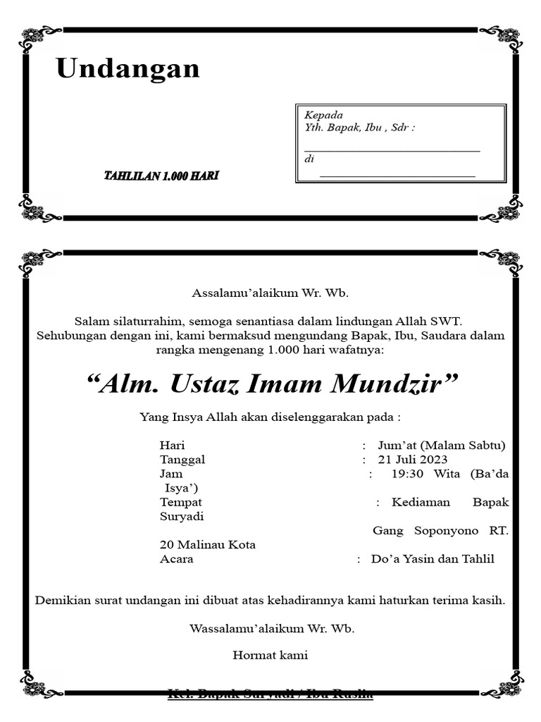 Undangan Tahlilan 1.000 Hari Alm. Ustaz Imam Mundzir | PDF