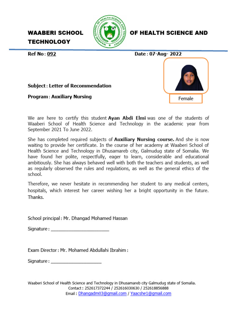 Waberi Health Recommendation Letter | PDF
