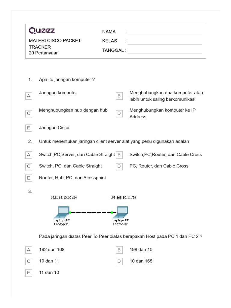 Soal Cisco Packet Tracker Quiz | PDF
