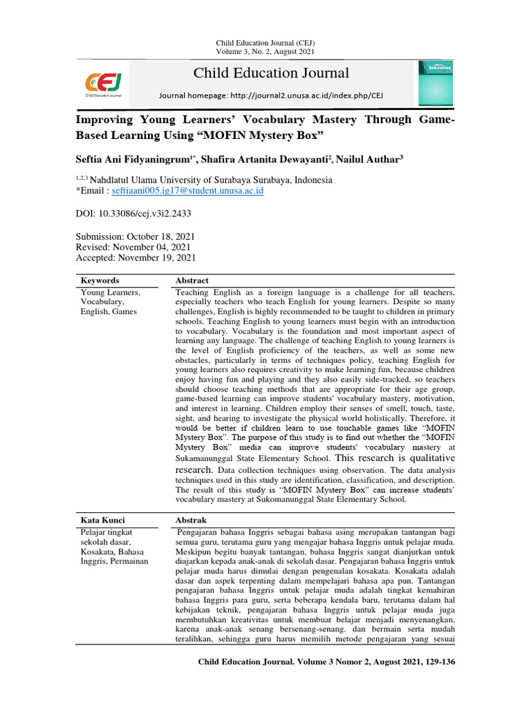 Improving Young Learners Vocabulary Mastery Through Game Based Learning ...