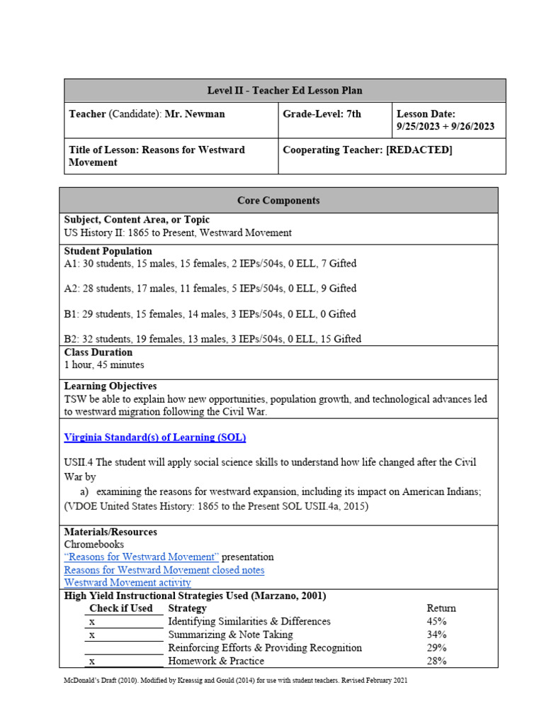 9 25 9 26 Lesson Plan Reasons For Westward Movement-2 | PDF | Educational Assessment | Critical ...