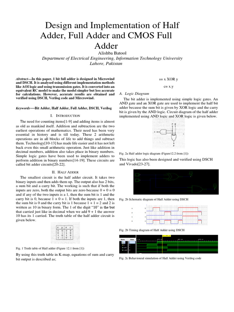 Design and Implementation of Half Adder, Full Adder and CMOS Full Adder ...