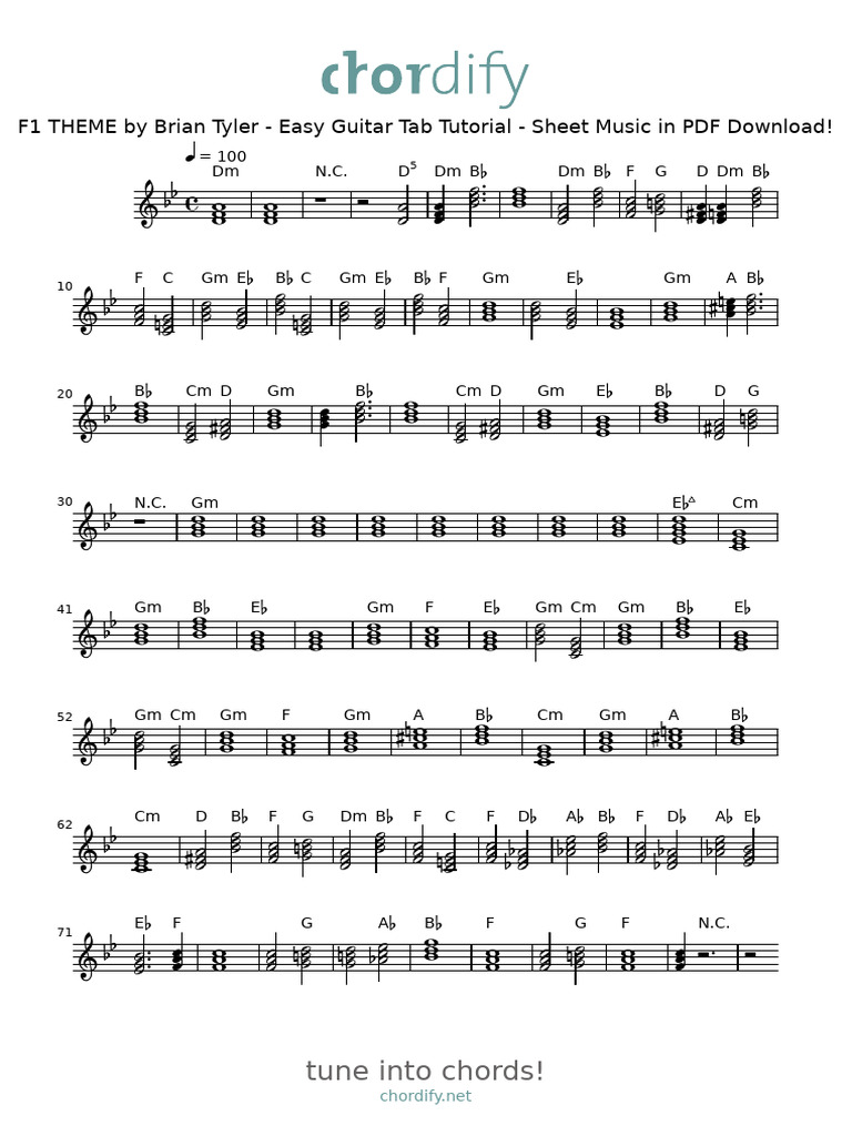 Chordify F1 THEME by Brian Tyler Easy Guitar Tab Tutorial Sheet Music in PDF Download | Download ...