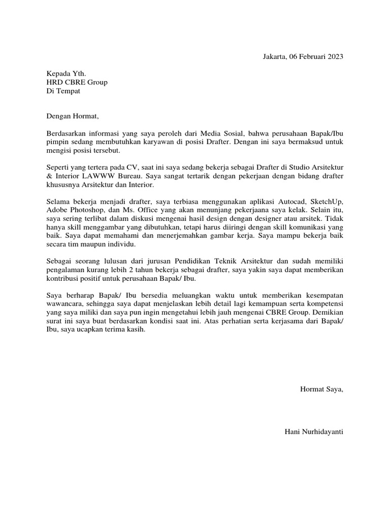 Contoh Cover Letter Drafter Kerja | PDF | Karier & Perkembangan | Bisnis