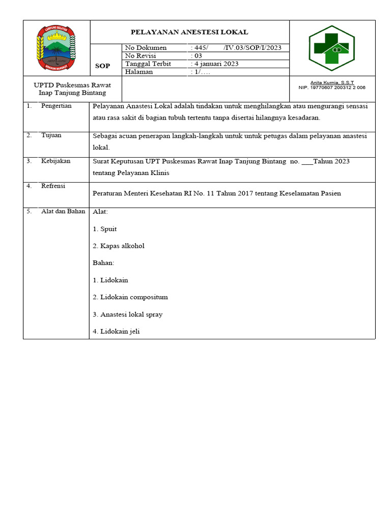 Sop Anastesi Lokal | PDF | Kesehatan Holistik | Sains & Matematika