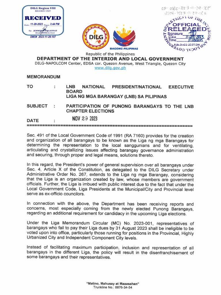 Dilg Memo DTD 2023 11-29-107 Memo Re Participation of Punong Barangays ... Dilg Memo DTD 2023 11-29-107 Memo Re Participation of Punong Barangays ...