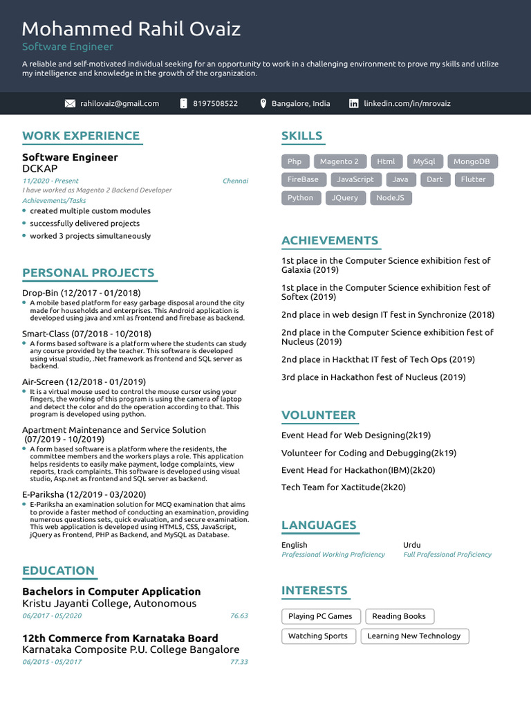 Mohammed Rahil Ovaiz: Software Engineer Resume | PDF | My Sql | Magento