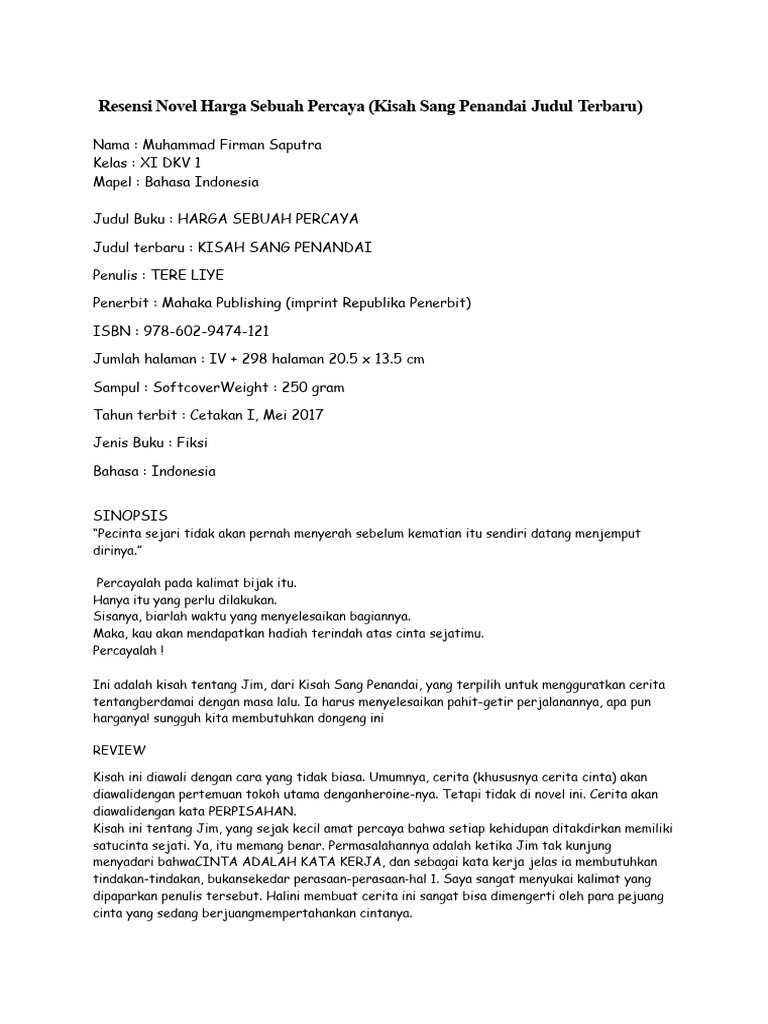 Resensi Novel Harga Sebuah Percaya Pdf