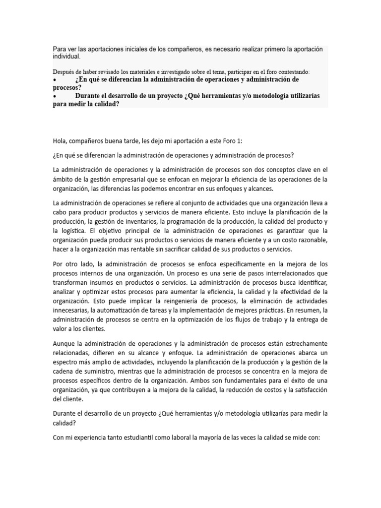Foro 1 - Adm de Operaciones y Tecnologia | PDF | Calidad (comercial) | Six Sigma