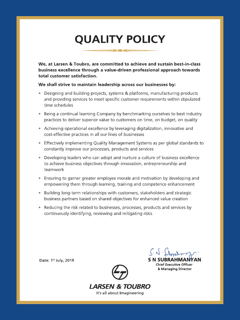 LNT Quality Policy 2019 | PDF
