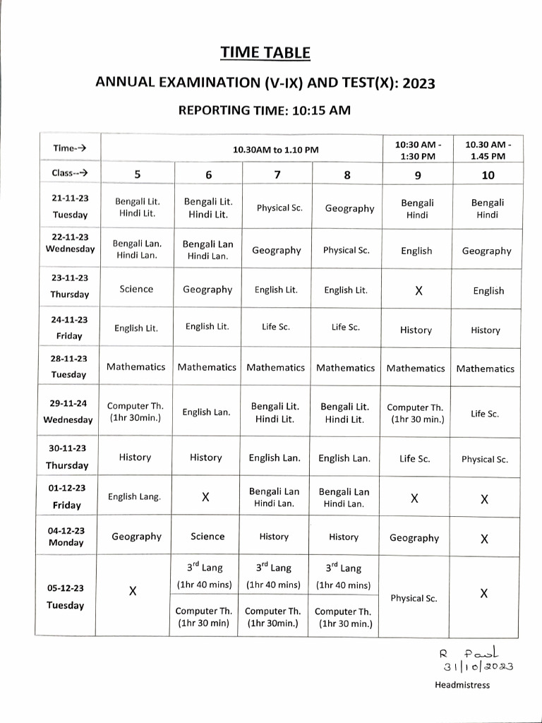 2023 School Exam Schedule (V-X) | PDF