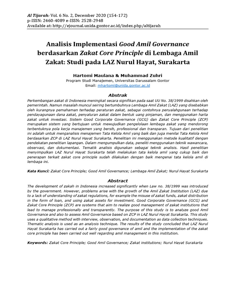 Jurnal - Analisis Implementasi Good Amil Governance in LAZ Nurul Hayati - Al Tijarah - Dec2020 ...