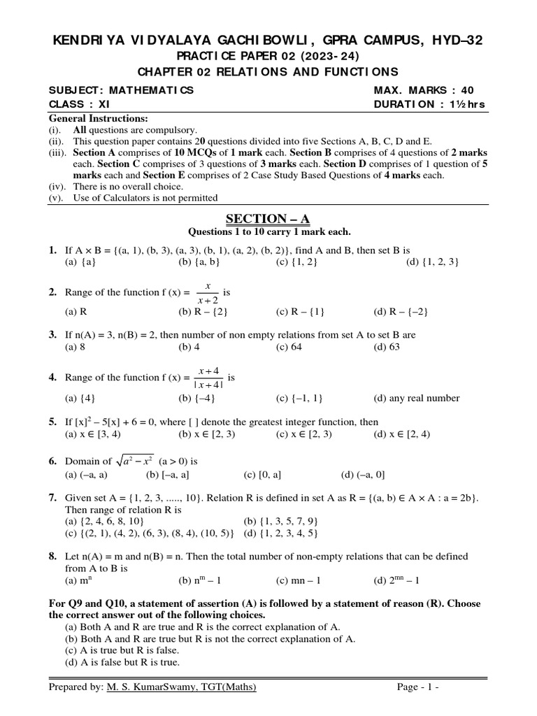 Maths Class Xi Chapter 02 Relations and Functions Practice Paper 02 | PDF | Function ...