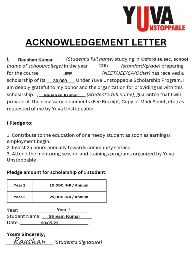 Yuva Unstoppable Acknowledgement Letter | PDF | Career & Growth | Business