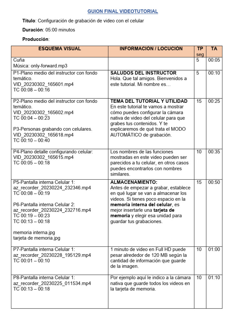 Guion Videotutorial-Plantilla para Llenar | PDF | Tecnología digital | Vídeo
