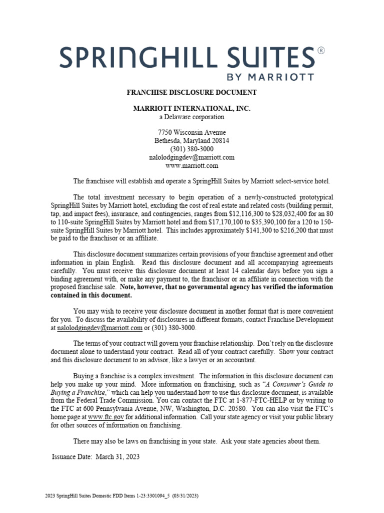 2023 Springhill Suites FDD 3 31 2023 | PDF | Franchising | Marriott ...