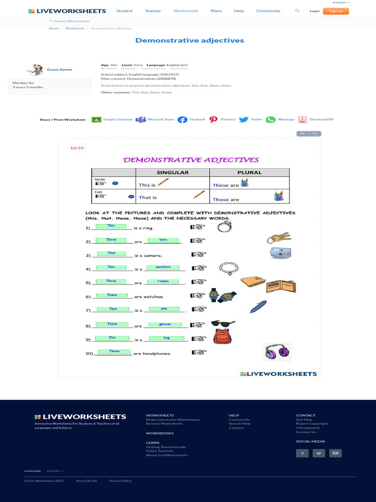 Demonstrative Adjectives Online PDF Worksheet - Live Worksheets | PDF ...