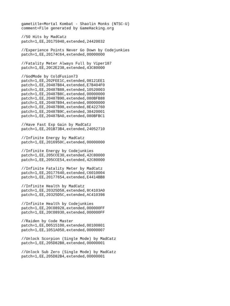 Mortal Kombat - Shaolin Monks - Pnach | PDF