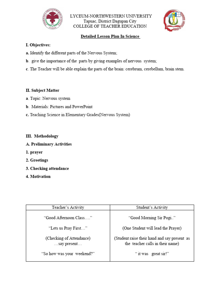 Lesson Plan in Science 3 | PDF | Central Nervous System | Brain