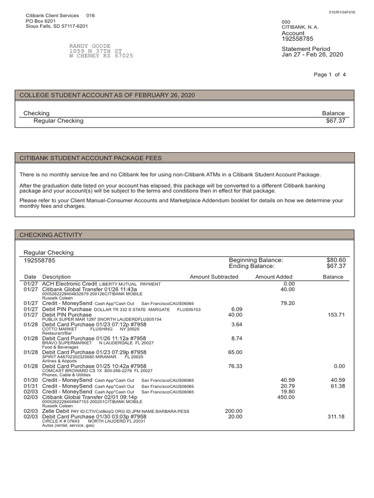 Randy Goode Citi Bank Statement | PDF | Debit Card | Citibank