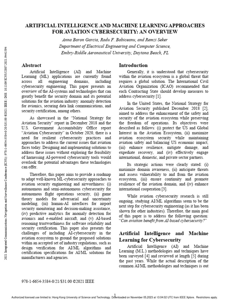 Artificial Intelligence and Machine Learning Approaches For Aviation Cybersecurity An Overview ...