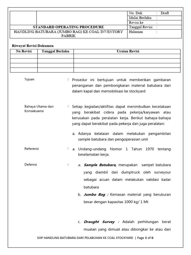 Sop Coal Handling From Jetty To Coal (Jumbo Bag) Inventory | PDF
