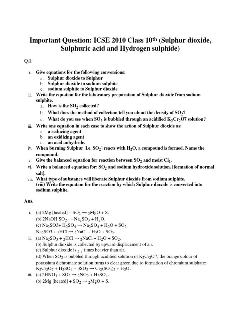 Important Question ICSE 2010 Class 10th Sulphur Dioxide Sulphuric Acid ...