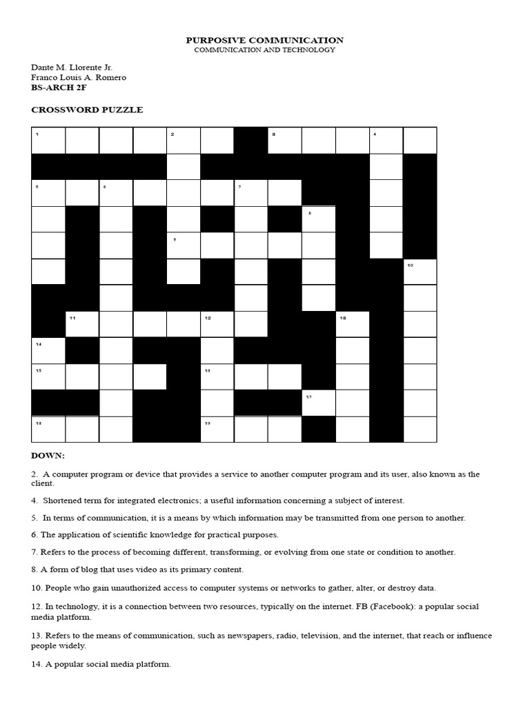 Crossword Puzzle: Technology in Communication (12x12 Grid) | PDF ...