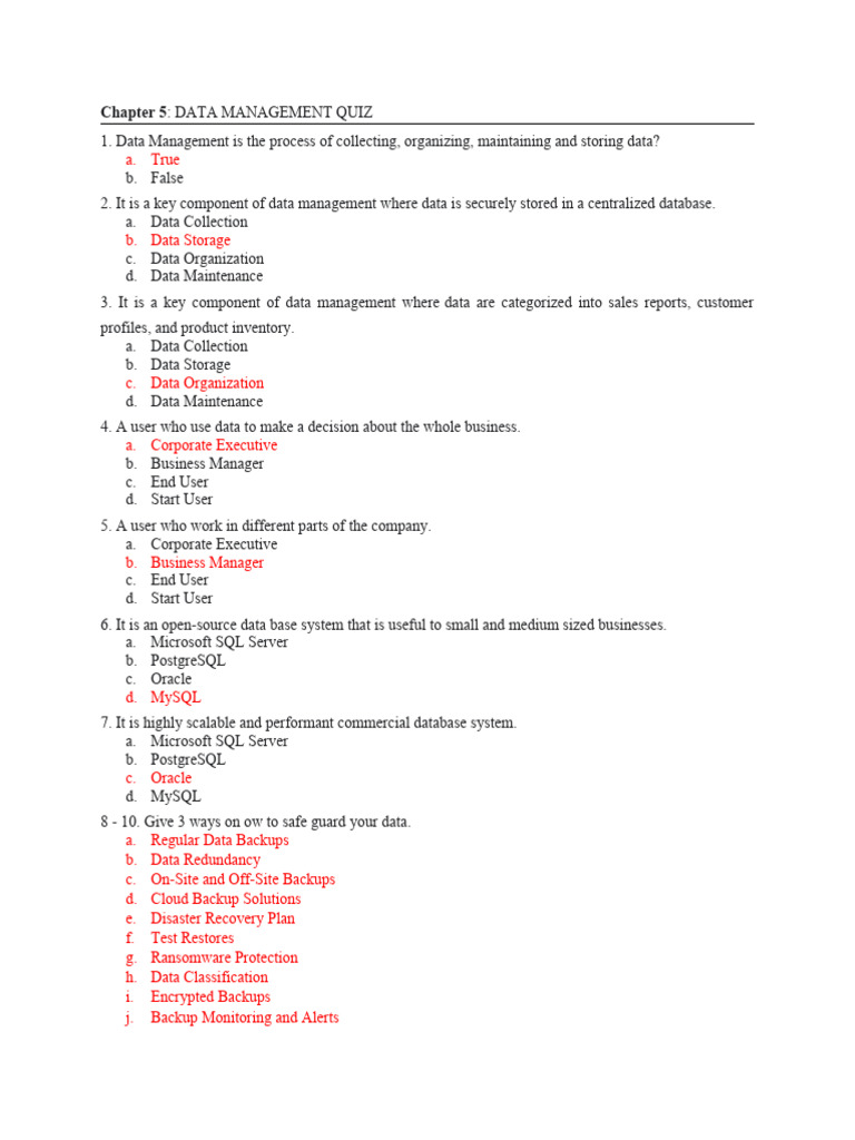 BSAccty 2 1 Chapter 5 DATA MANAGEMENT QUIZ | PDF | Databases | Backup