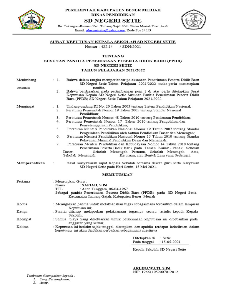 Susunan Panitia PPDB SD Setie 2021/2022 | PDF