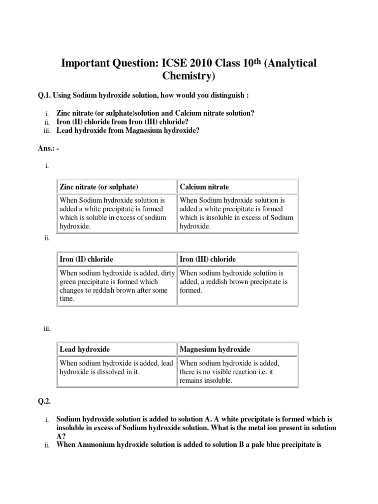 Important Question ICSE 2010 Class 10th Analytical Chemistry | Download Free PDF | Hydroxide ...
