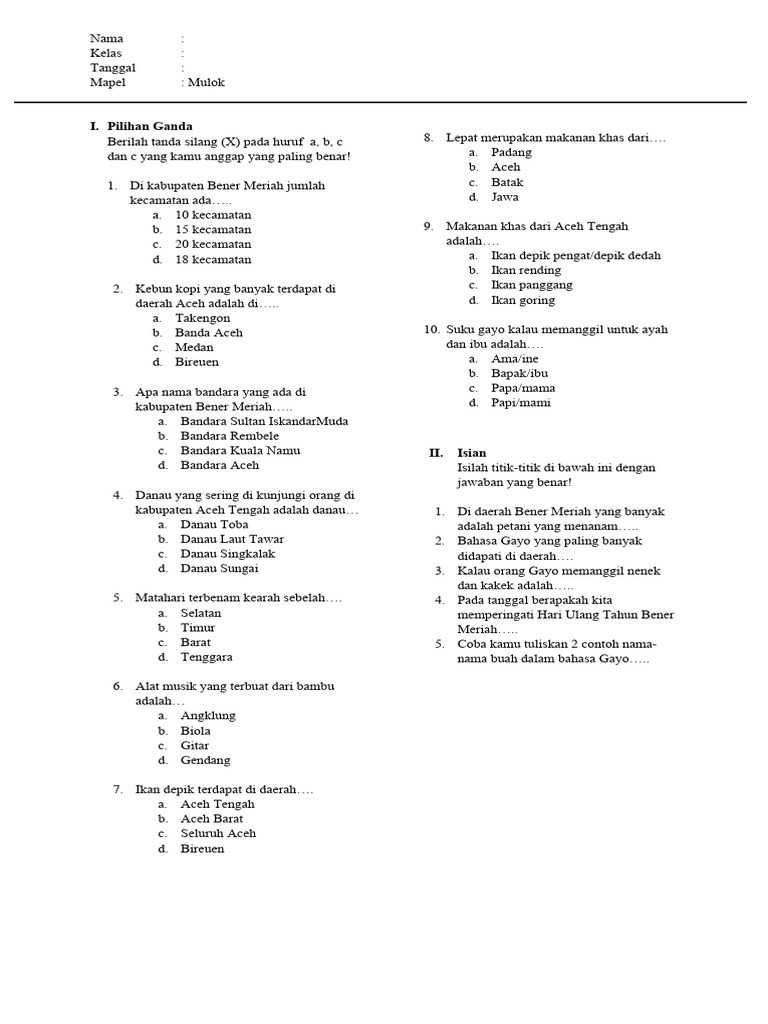 Soal Mulok Mamak | PDF