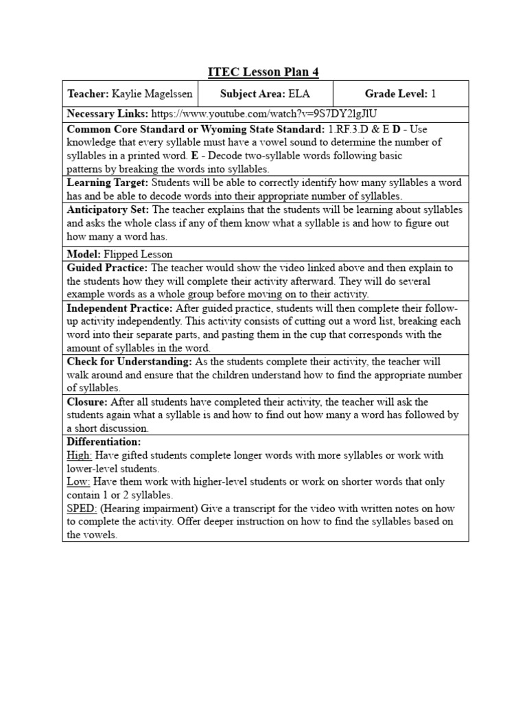 Itec Lesson Plan 4 | PDF