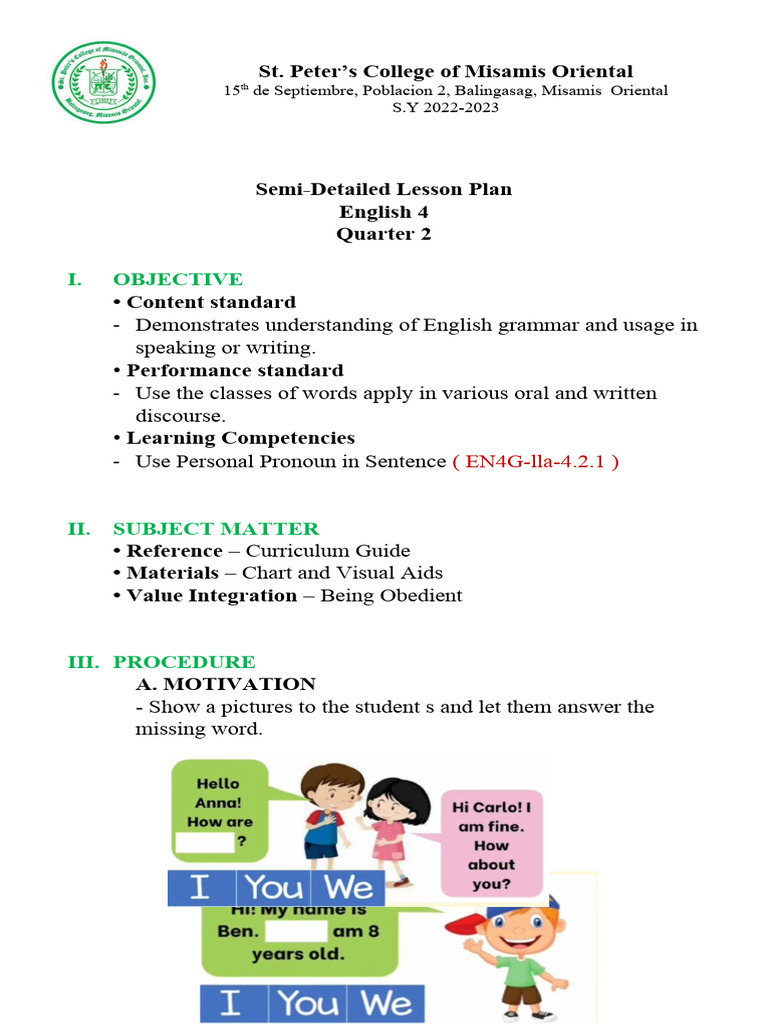 Grade 4 Lesson Plan | PDF | Pronoun | Object (Grammar)