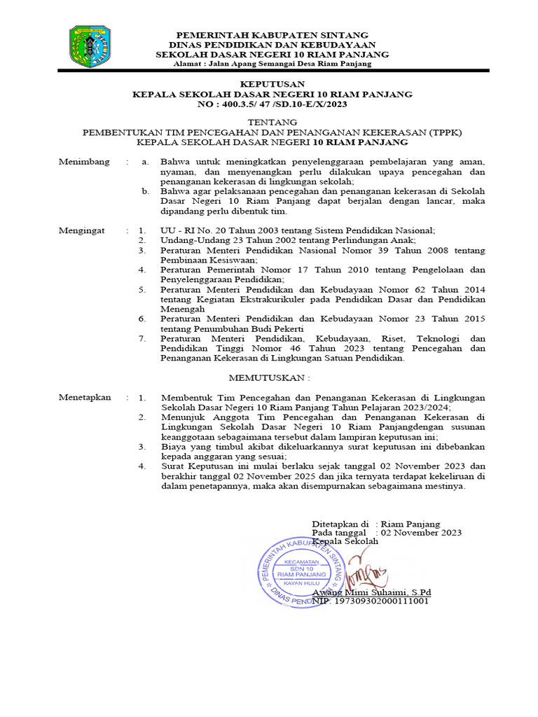 SK Tim Pencegahan Dan Penanganan Kekerasan Di Lingkungan Satuan Pendidikan | PDF