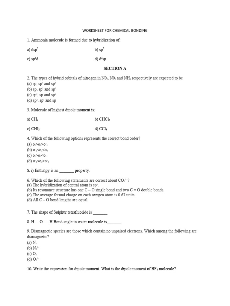 Chemical Bonding Worksheet and Concepts | PDF | Chemical Bond | Physics