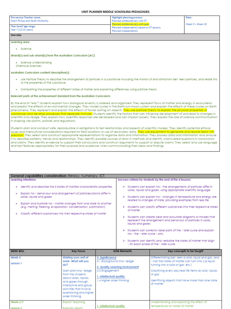 Unit Plan - Year 7 Science States of Matter | PDF | Science | Matter